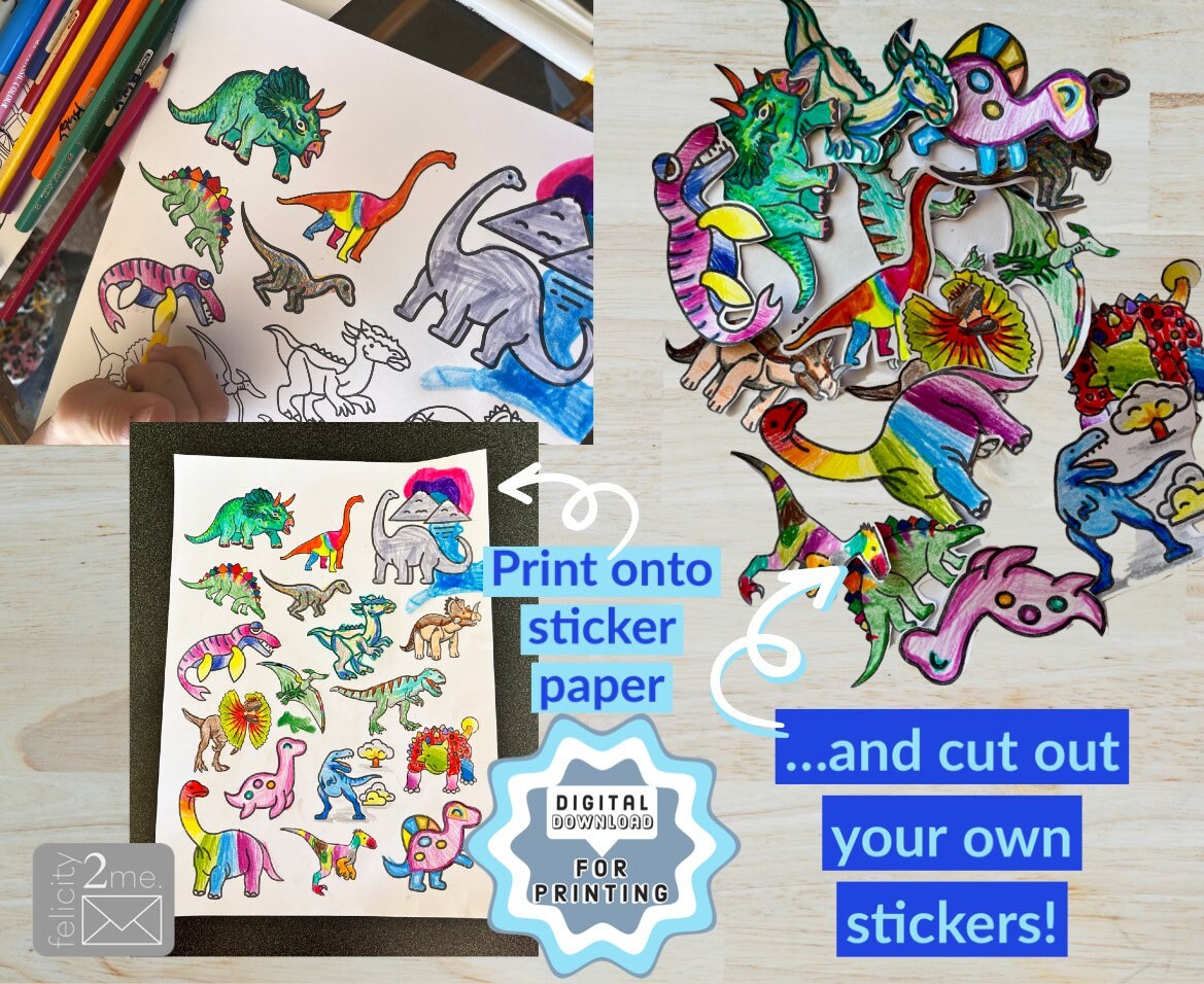 Dinosaur Coloring Page, Dinosaur Digital Stickers, PRINTABLE ...