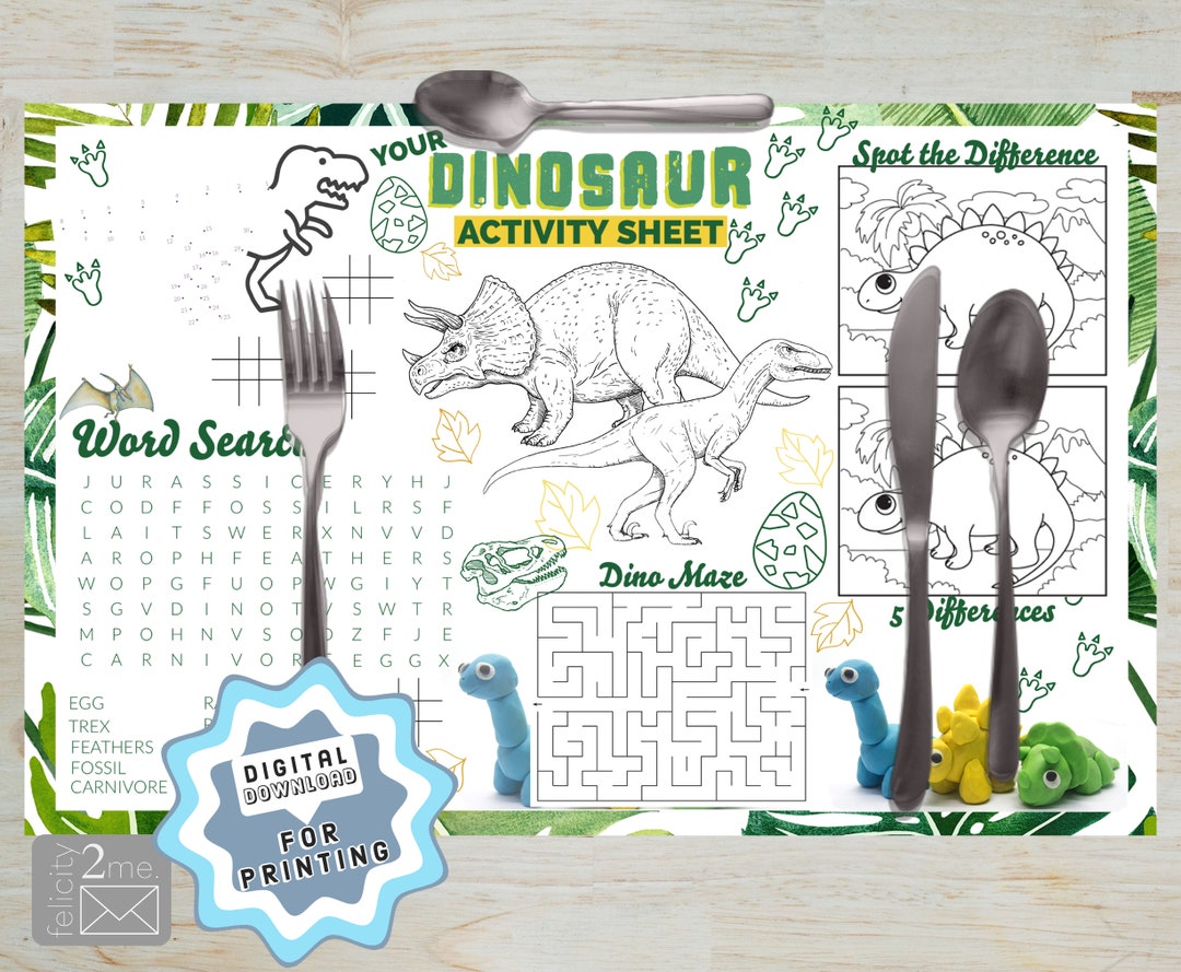 PRINTABLE 17x11" Dinosaur Activity Placemat, Coloring Sheet, Games ...