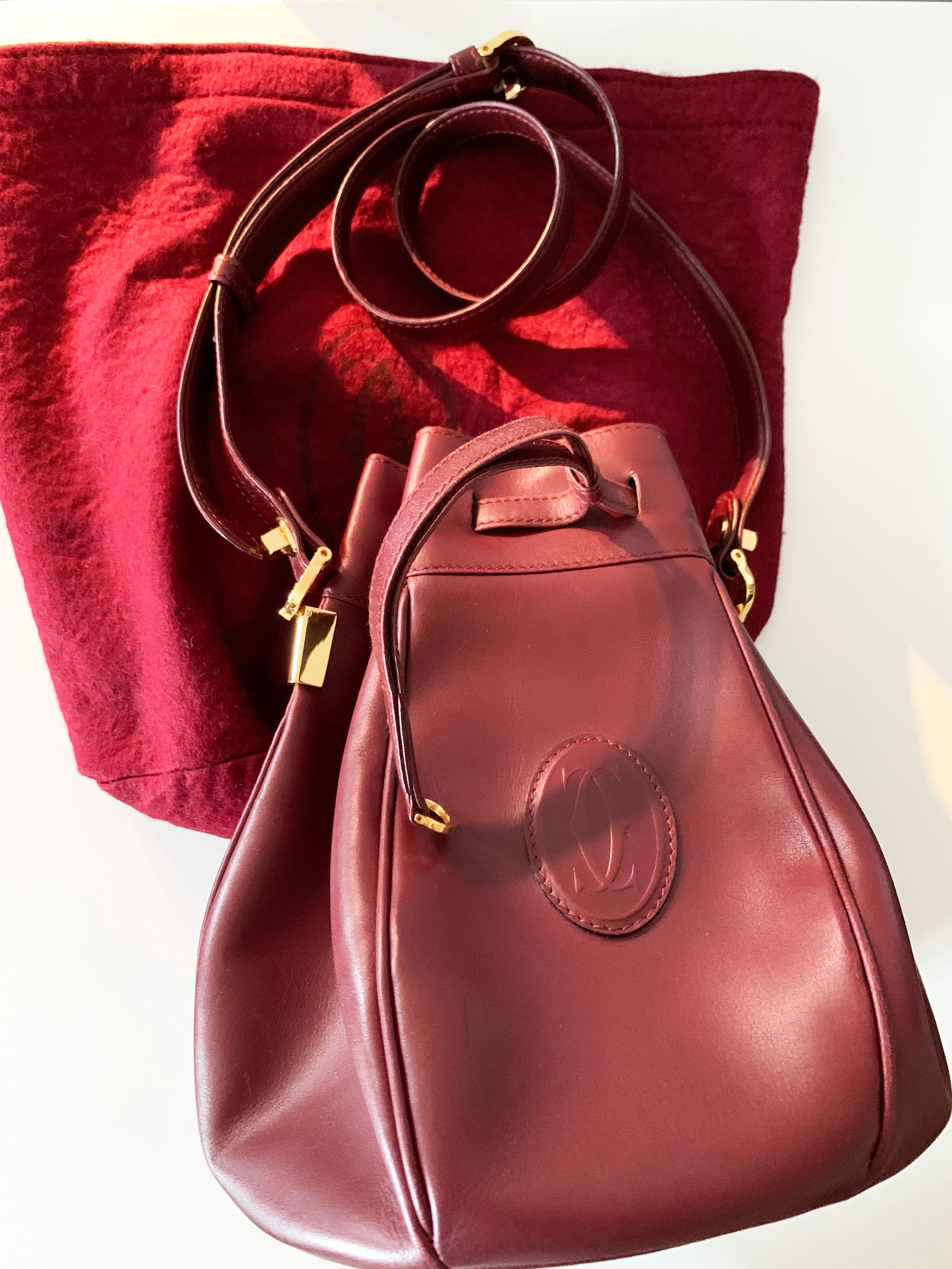 Vintage 80s Leather Must De Cartier Bucket Burgundy Handbag With Gold ...