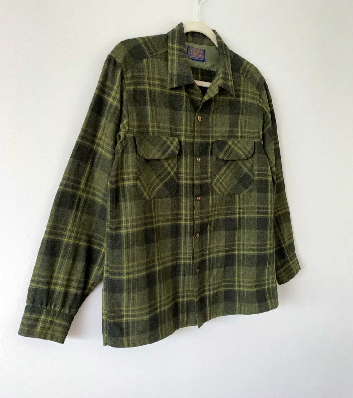 Vintage 60s Pendleton Wool Forest Green Earthtone Plaid Button Down Shirt Made in USA - Etsy