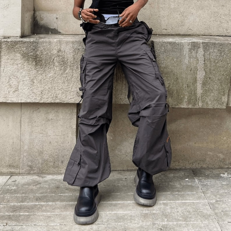 Vintage Y2k Cargo Baggy Grey Parachute Pants Deadstock New With Tags