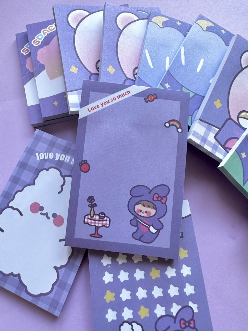 Cute Purple Sticky Notes Cartoon Memo Pad Kawaii Notepad - Etsy