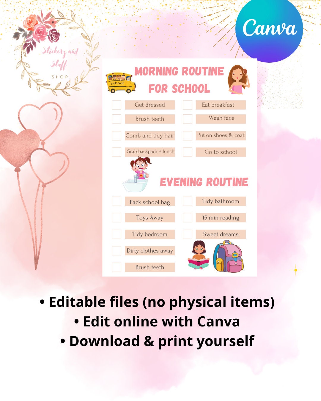 Kids Daily School Checklist Schedule Printable, Editable Chore Chart ...