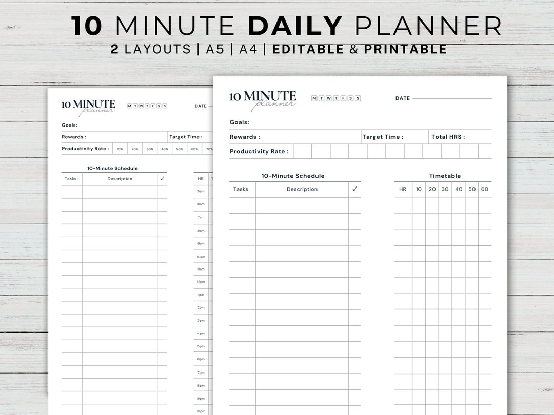 10 Minute Daily Planner Printable, Pomodoro Time Tracker, Time ...