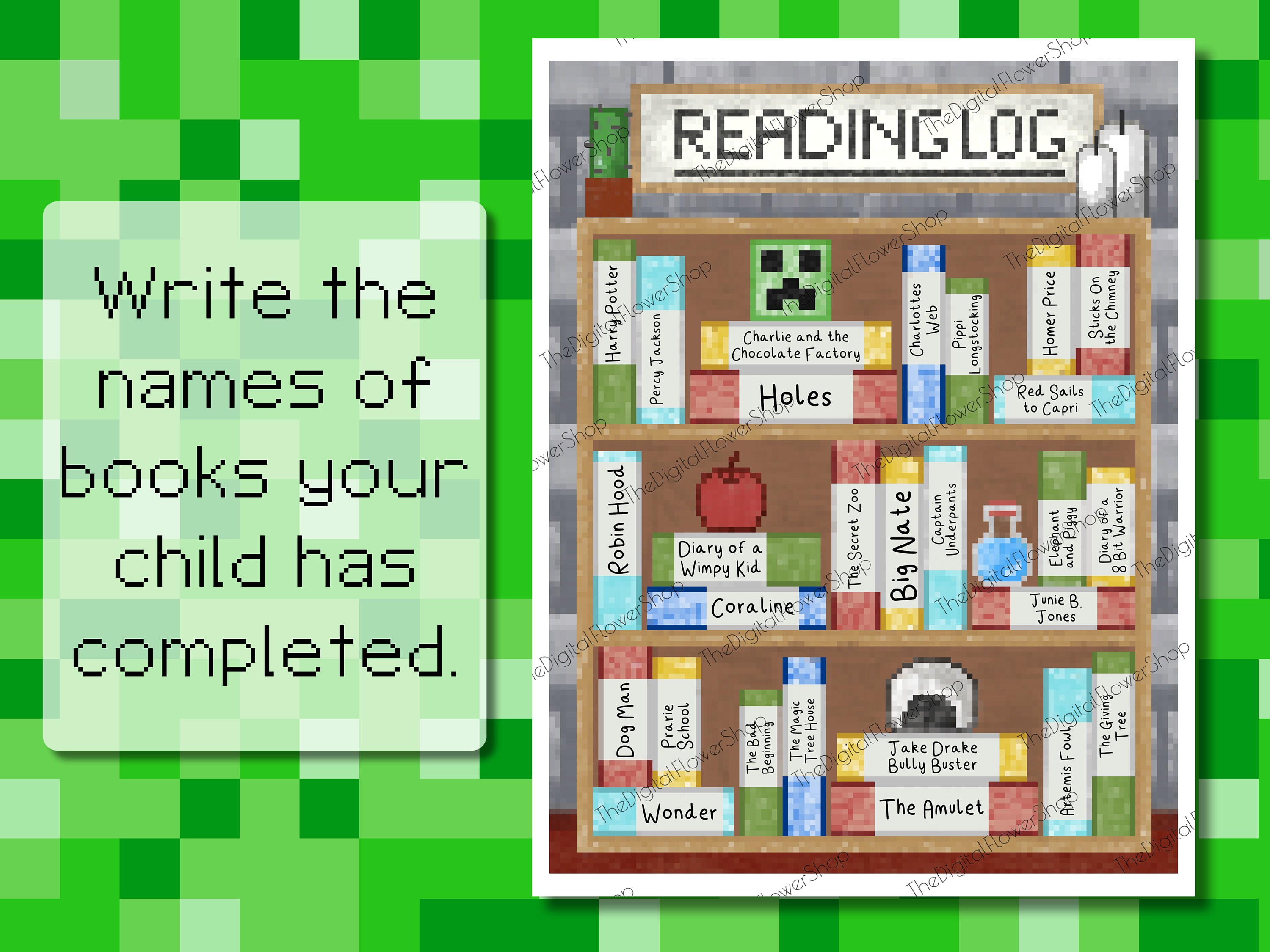 Minecraft Inspired Reading Log Reading Log Bookshelf Printable PDF ...