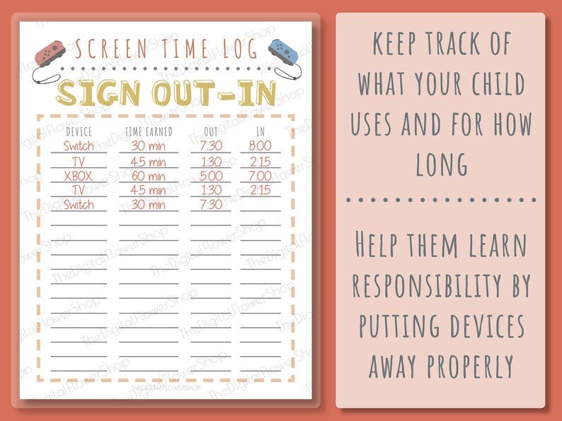 Screen Time Log Screen Time Tickets Screen Time Bucks Printable Chore ...