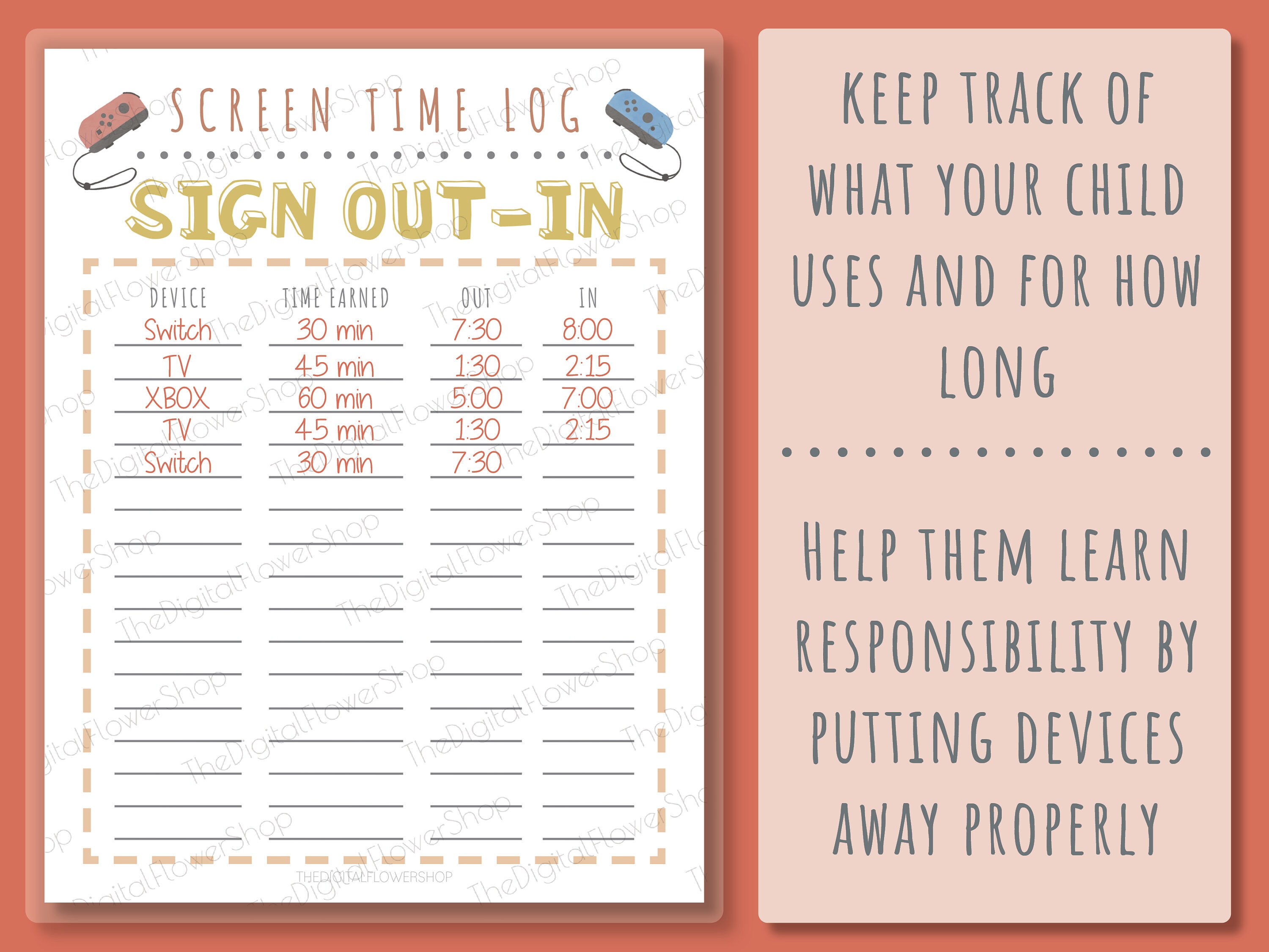 Screen Time Log Screen Time Tickets Screen Time Bucks Printable Chore ...