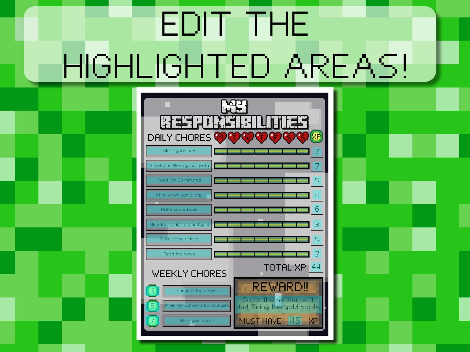 Minecraft Inspired Responsibility Chart Chore Chart Editable Printable ...