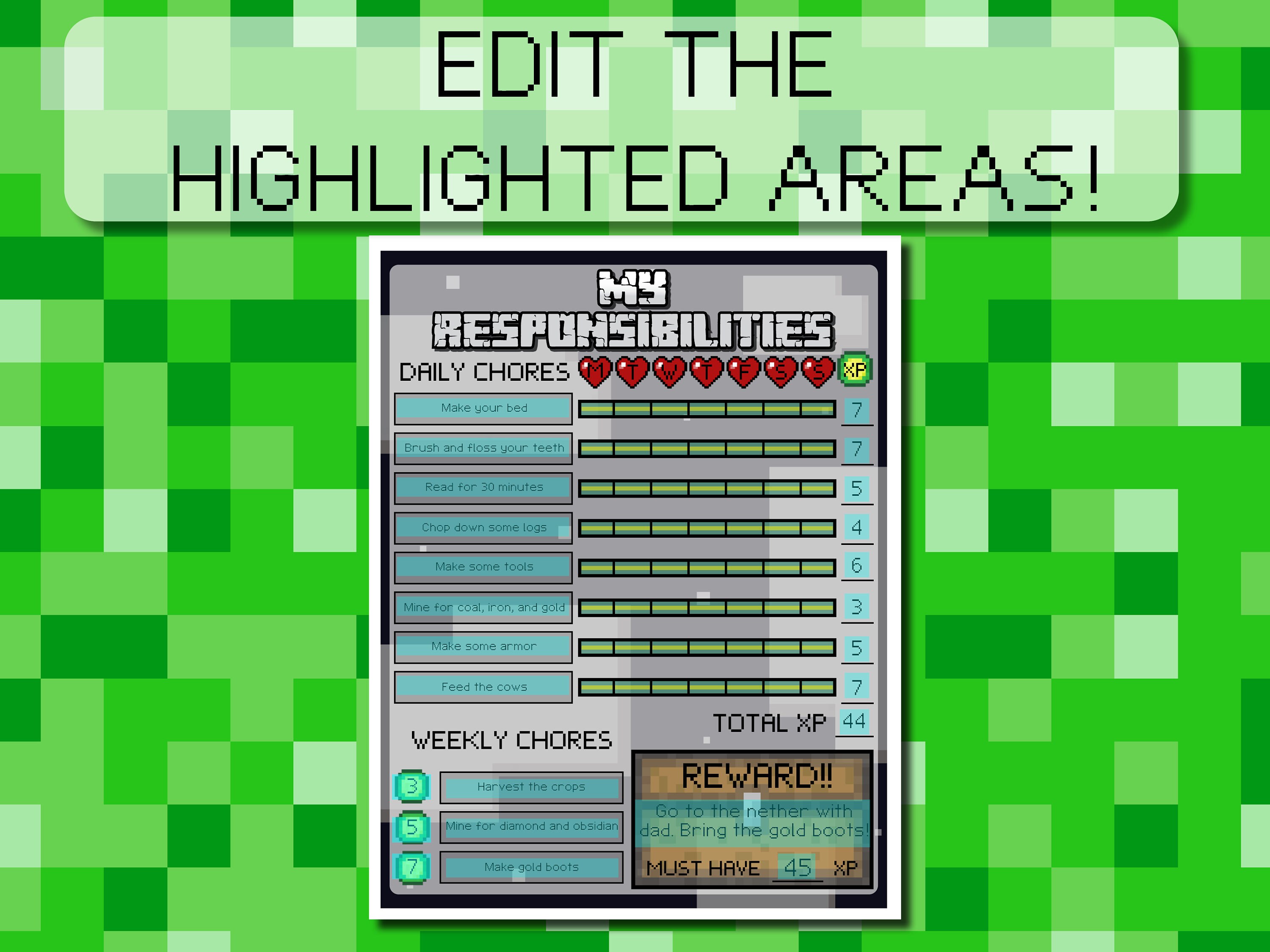 Minecraft Inspired Responsibility Chart Chore Chart Editable Printable ...