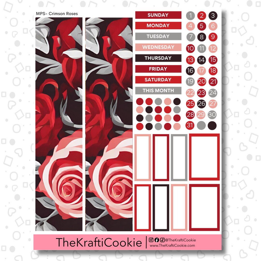 Crimson Roses Monthly EC Sticker Sheet, Dark Colored Aesthetic Sticker ...
