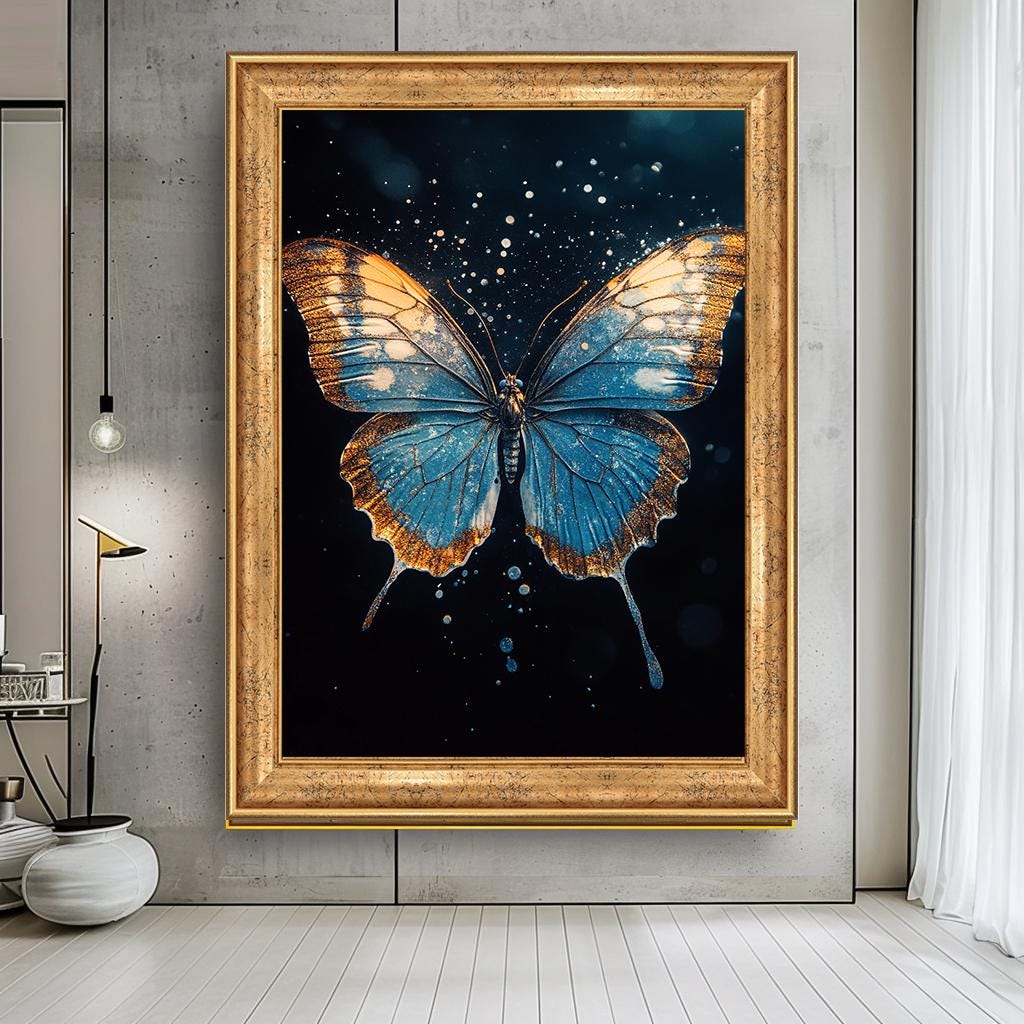 Blue and Gold Butterfly Canvas Art Elegant Digital Art for Wall Decor ...
