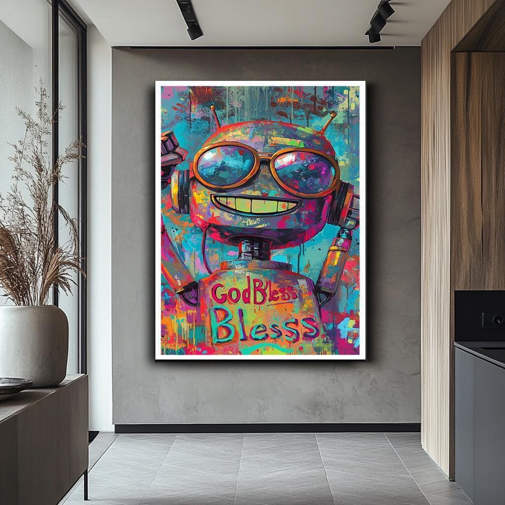 Colorful Robot Wall Art, Vibrant Street Art Style Canvas, God Bless ...