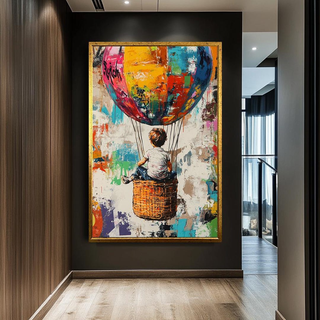 Colorful Abstract Hot Air Balloon Painting | Child in Balloon Basket ...