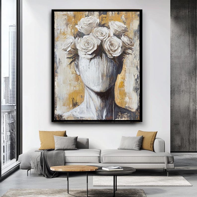 Abstract Floral Head Woman Art, Surreal Portrait Canvas, Neutral Tone ...