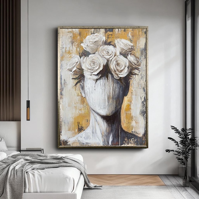 Abstract Floral Head Woman Art, Surreal Portrait Canvas, Neutral Tone ...