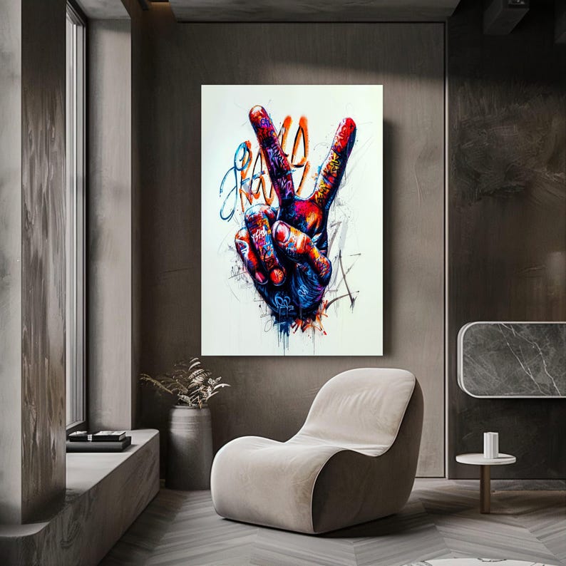 Vibrant Graffiti Hand Sign Canvas, Urban Street Art, Colorful Peace ...