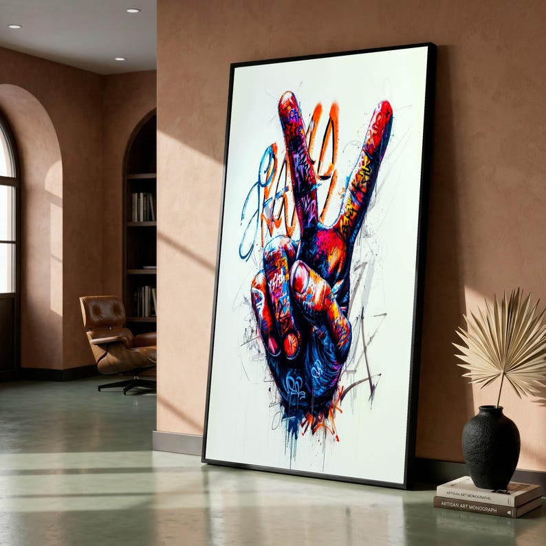 Vibrant Graffiti Hand Sign Canvas, Urban Street Art, Colorful Peace ...