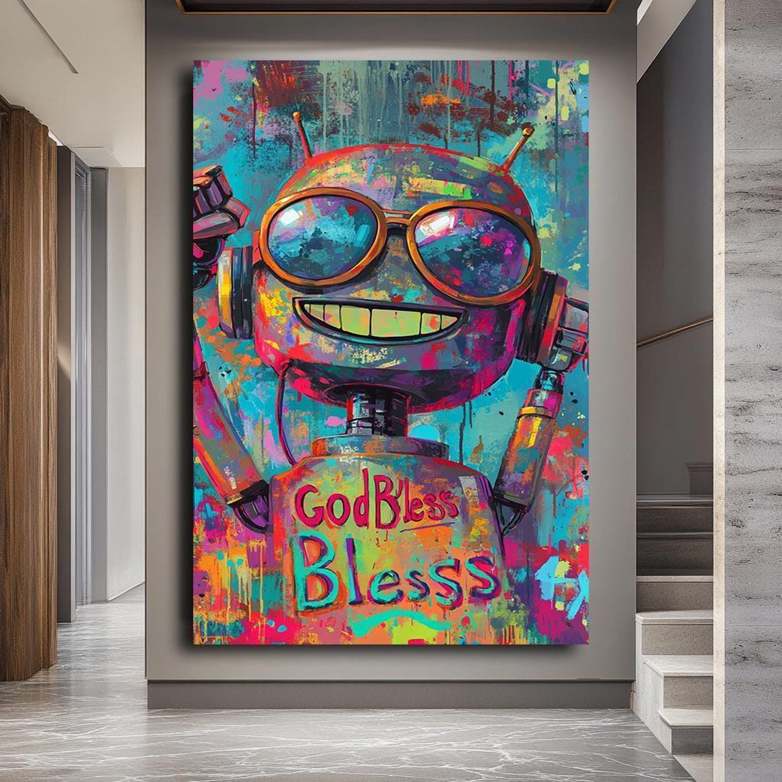 Colorful Robot Wall Art, Vibrant Street Art Style Canvas, God Bless ...
