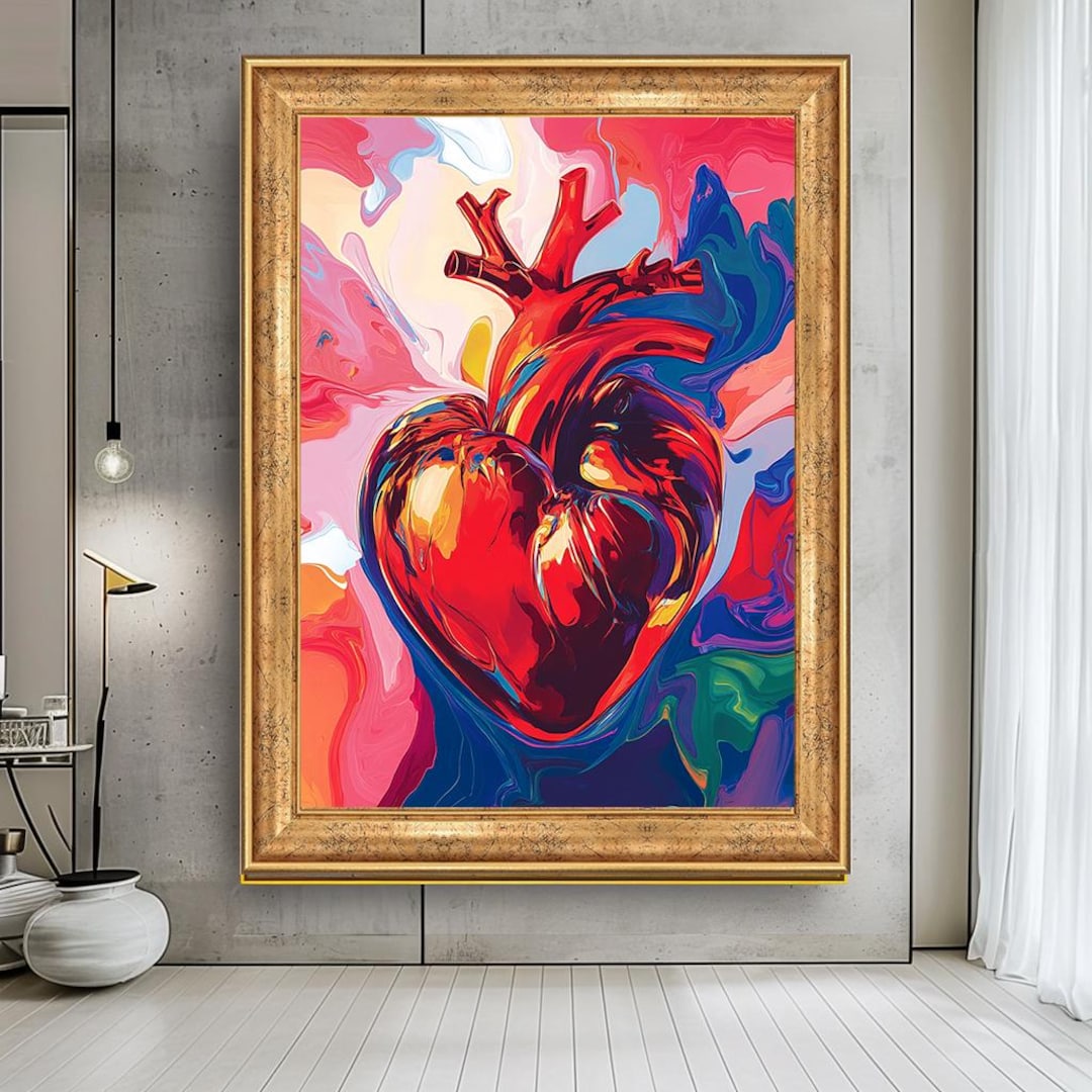 Vibrant Heart Wall Art, Bold Anatomical Heart Canvas Print, Colorful ...