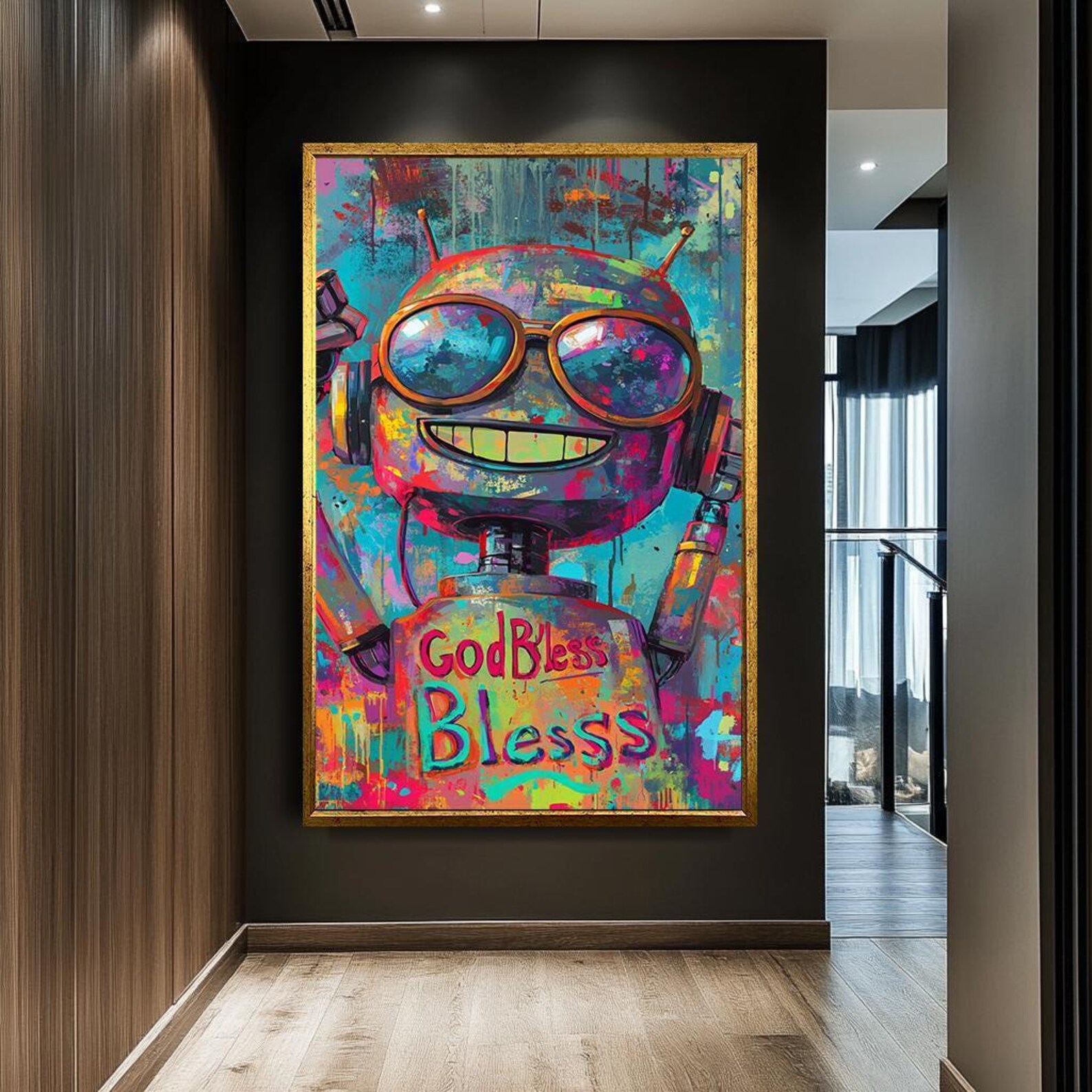 Colorful Robot Wall Art, Vibrant Street Art Style Canvas, God Bless ...