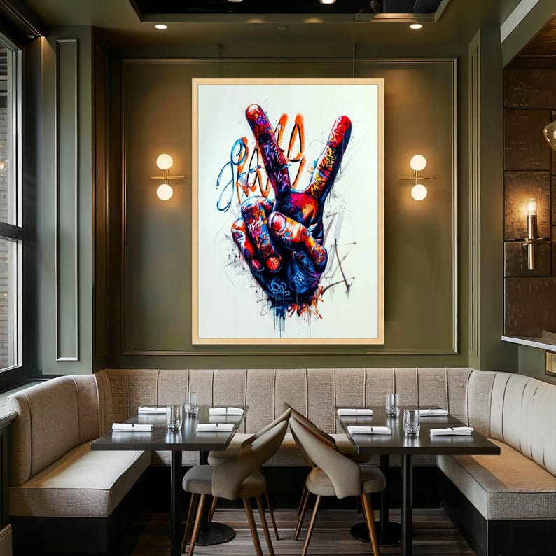 Vibrant Graffiti Hand Sign Canvas, Urban Street Art, Colorful Peace ...