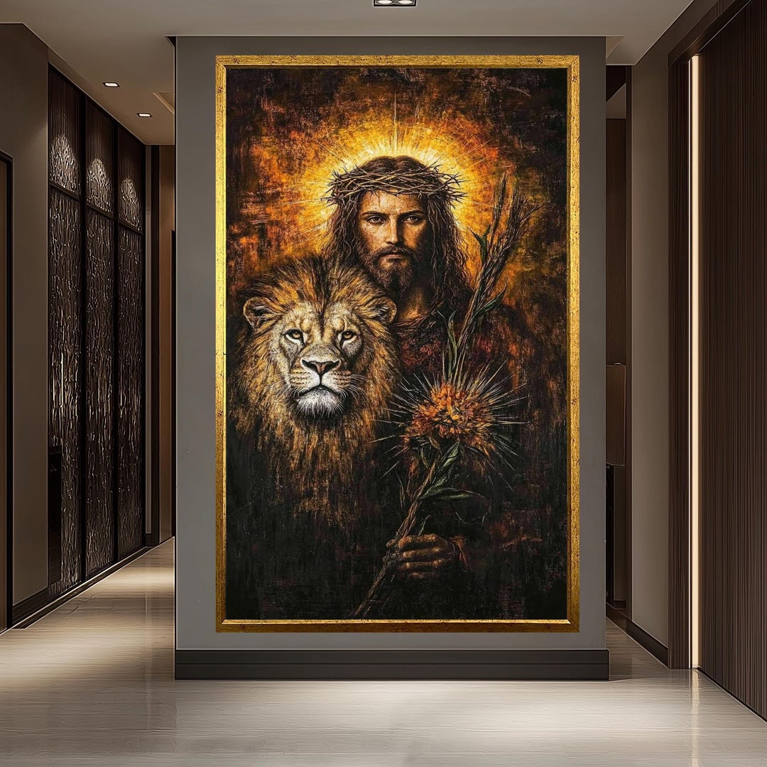 Lion of Judah Jesus Portrait | Crown of Thorns Christian Wall Art ...