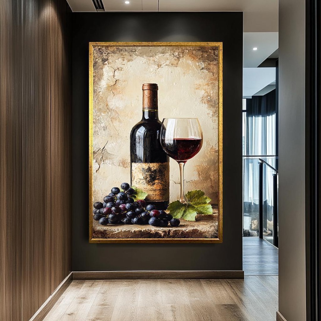 Wine Bottle and Grapes Wall Art, Elegant Wine Canvas, Vintage Wine Art ...