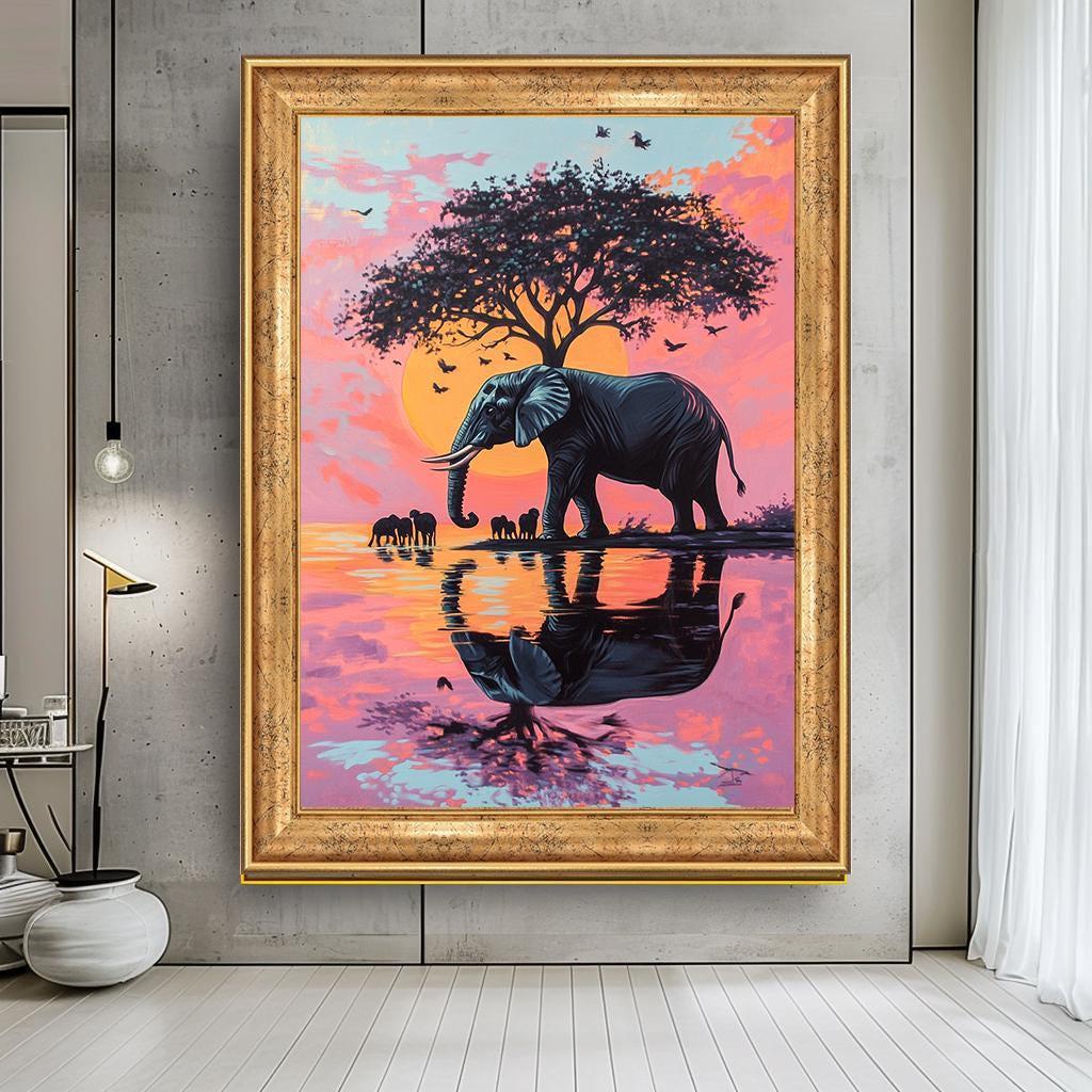 African Elephant Sunset Canvas Art | Colorful Safari Landscape Wall ...