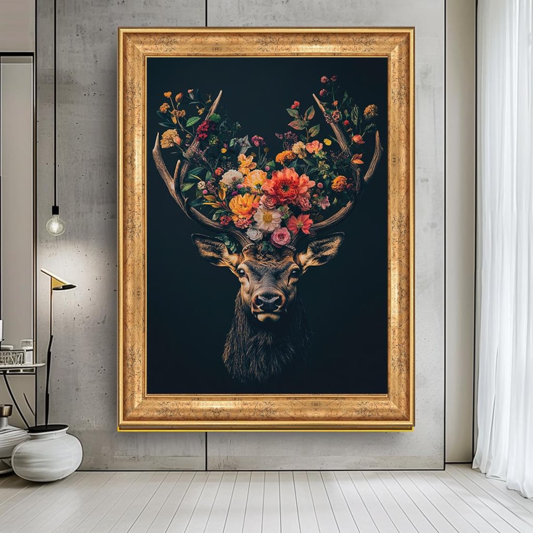 Floral Deer Head Canvas Wall Art, Nature-inspired Decor With Flowers ...
