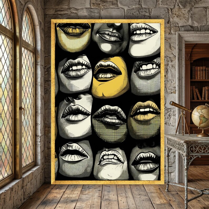 Colagem de lábios em estilo pop art retrô em tela, arte de parede ...