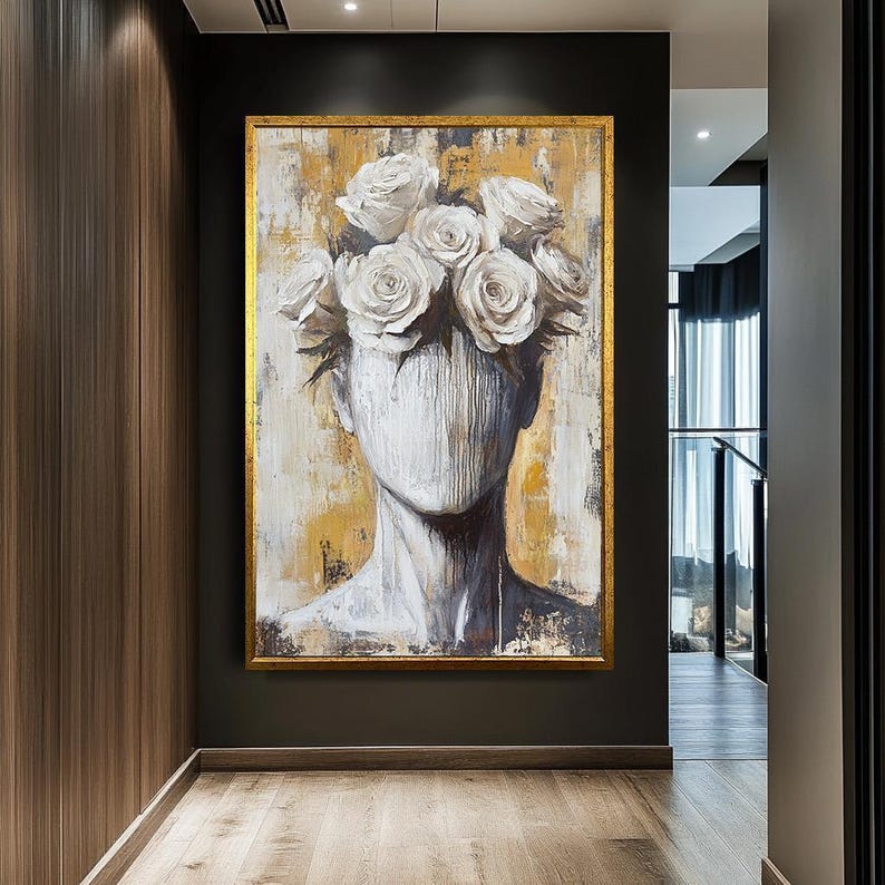 Abstract Floral Head Woman Art, Surreal Portrait Canvas, Neutral Tone ...