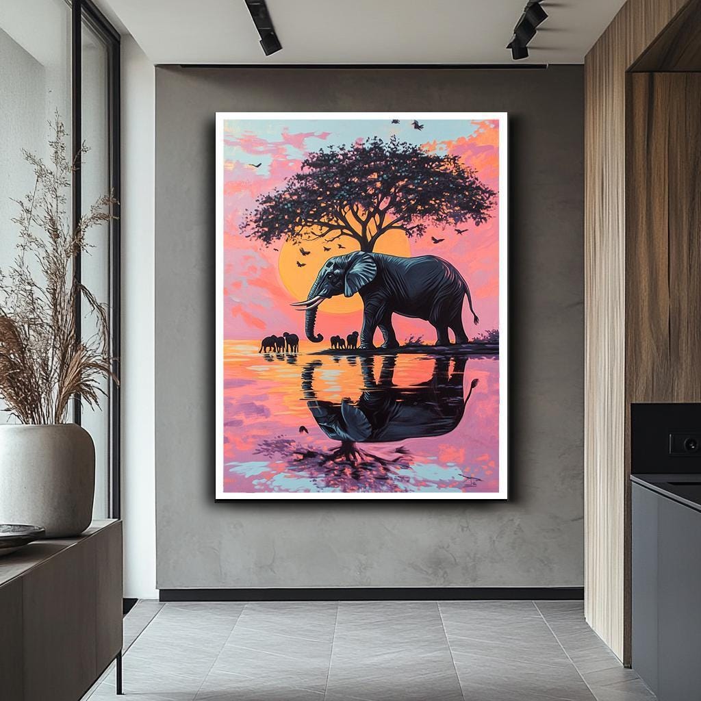 African Elephant Sunset Canvas Art | Colorful Safari Landscape Wall ...