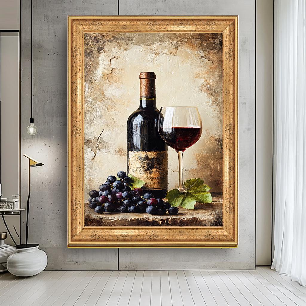 Wine Bottle and Grapes Wall Art, Elegant Wine Canvas, Vintage Wine Art ...