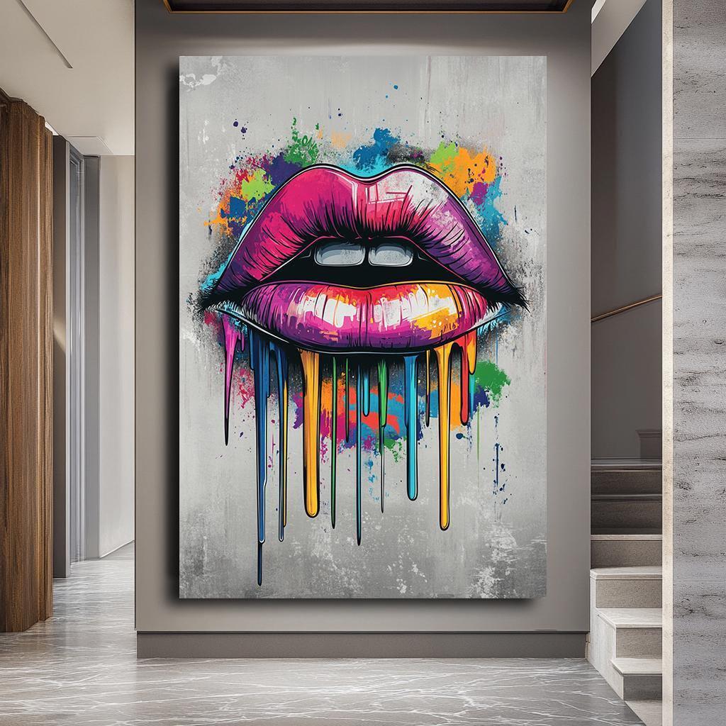 Colorful Dripping Lips Graffiti Art, Bold Pop Art Canvas, Vibrant ...