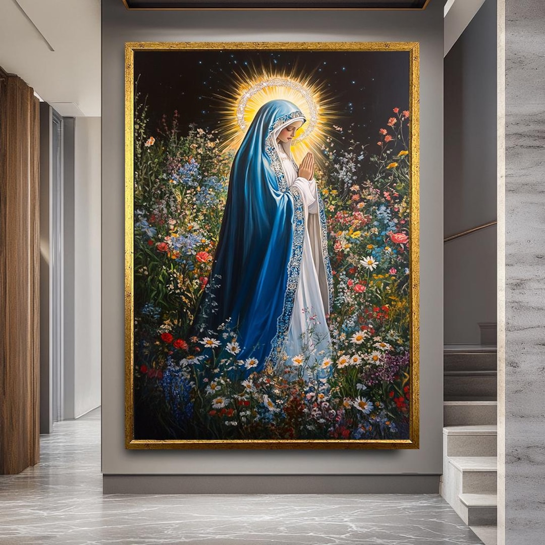 Virgin Mary Canvas Wall Art - Floral Religious Home Decor - Christian ...
