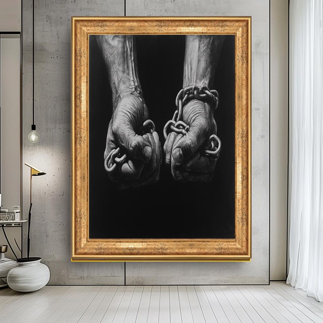 Powerful Hands in Chains Canvas Art | Black and White Symbolic Wall ...