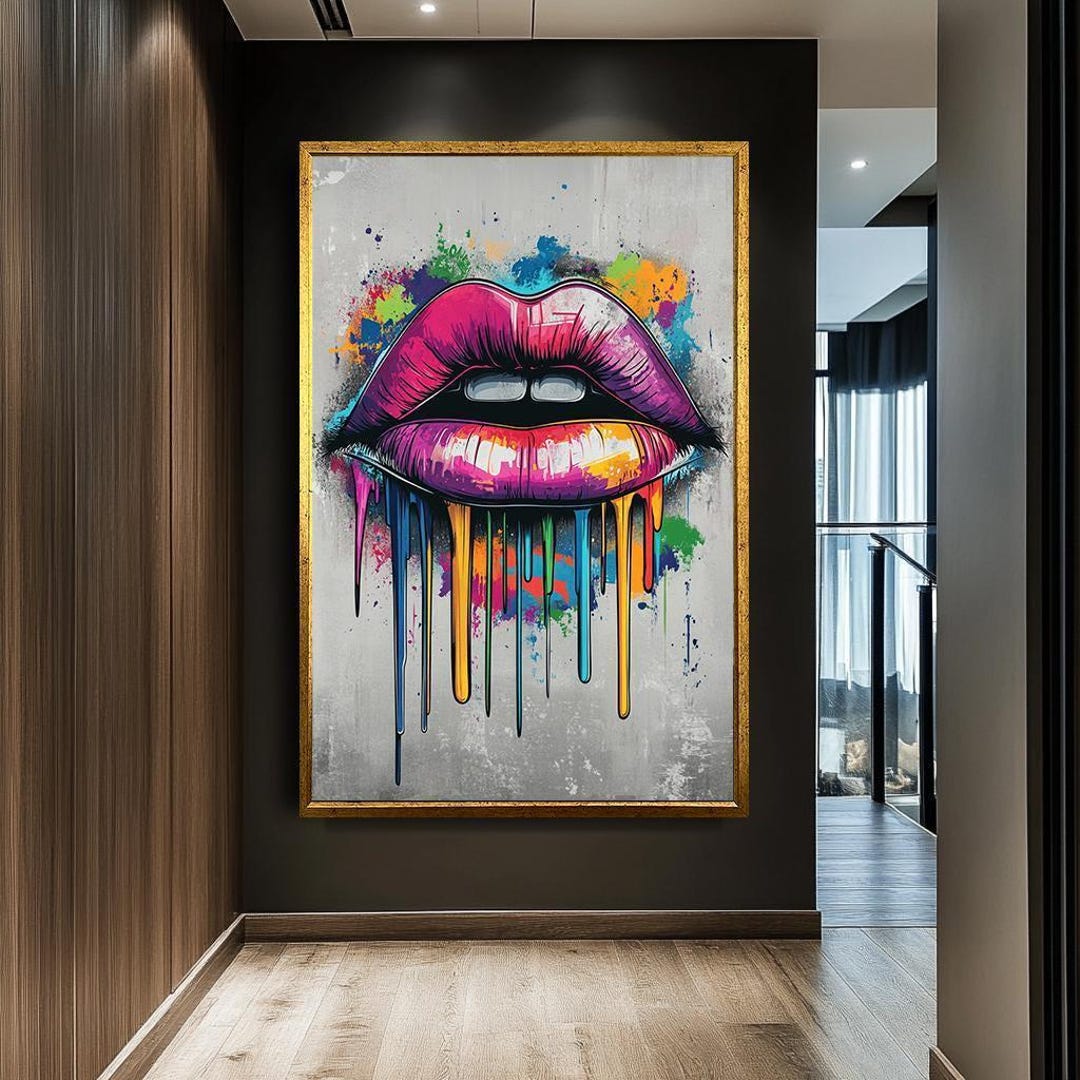 Colorful Dripping Lips Graffiti Art, Bold Pop Art Canvas, Vibrant ...