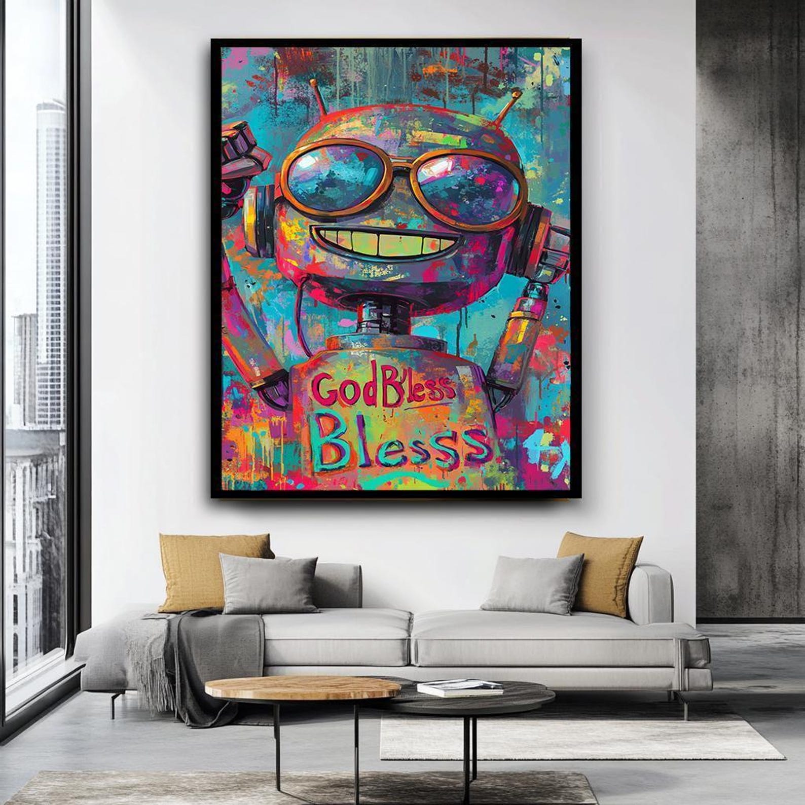 Colorful Robot Wall Art, Vibrant Street Art Style Canvas, God Bless ...
