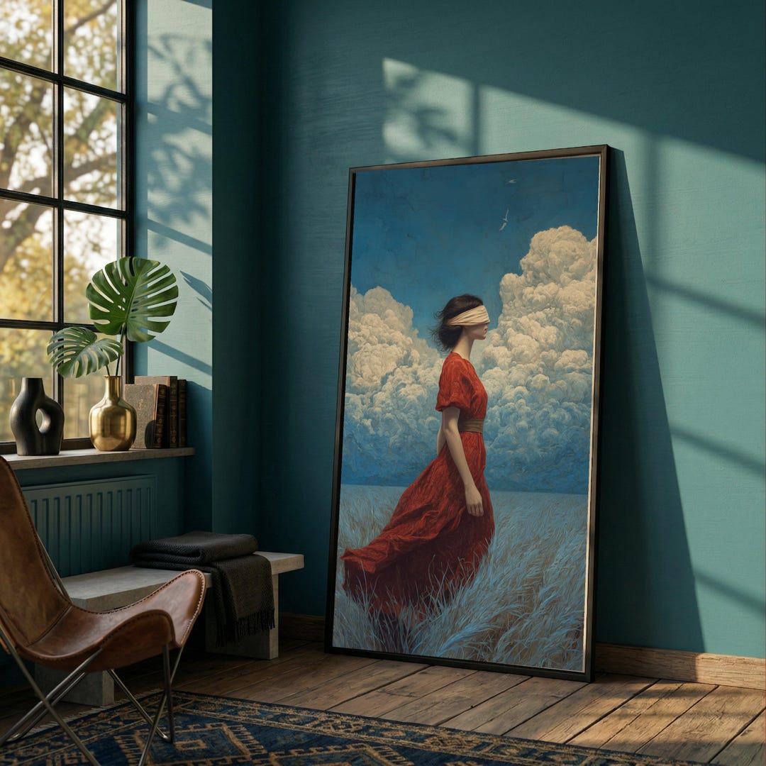 Blindfolded Woman in Red Dress Canvas, Surreal Cloudscape Wall Art ...
