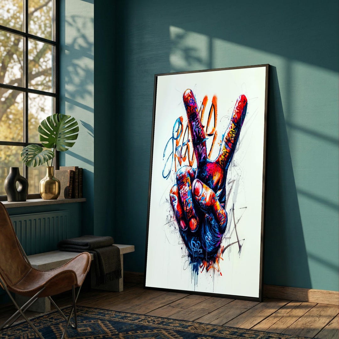 Vibrant Graffiti Hand Sign Canvas, Urban Street Art, Colorful Peace ...
