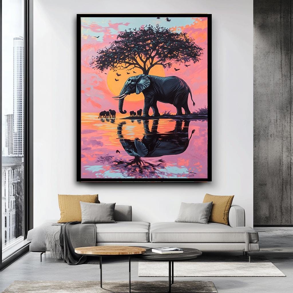 African Elephant Sunset Canvas Art | Colorful Safari Landscape Wall ...