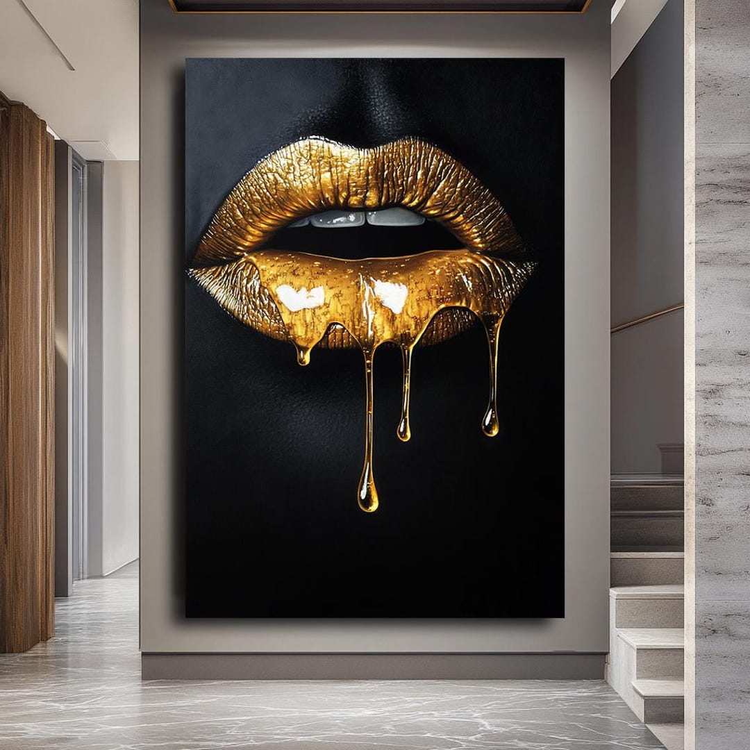 Luxury Gold Lips Art Print, Dripping Gold Paint Canvas, Glamorous Black ...