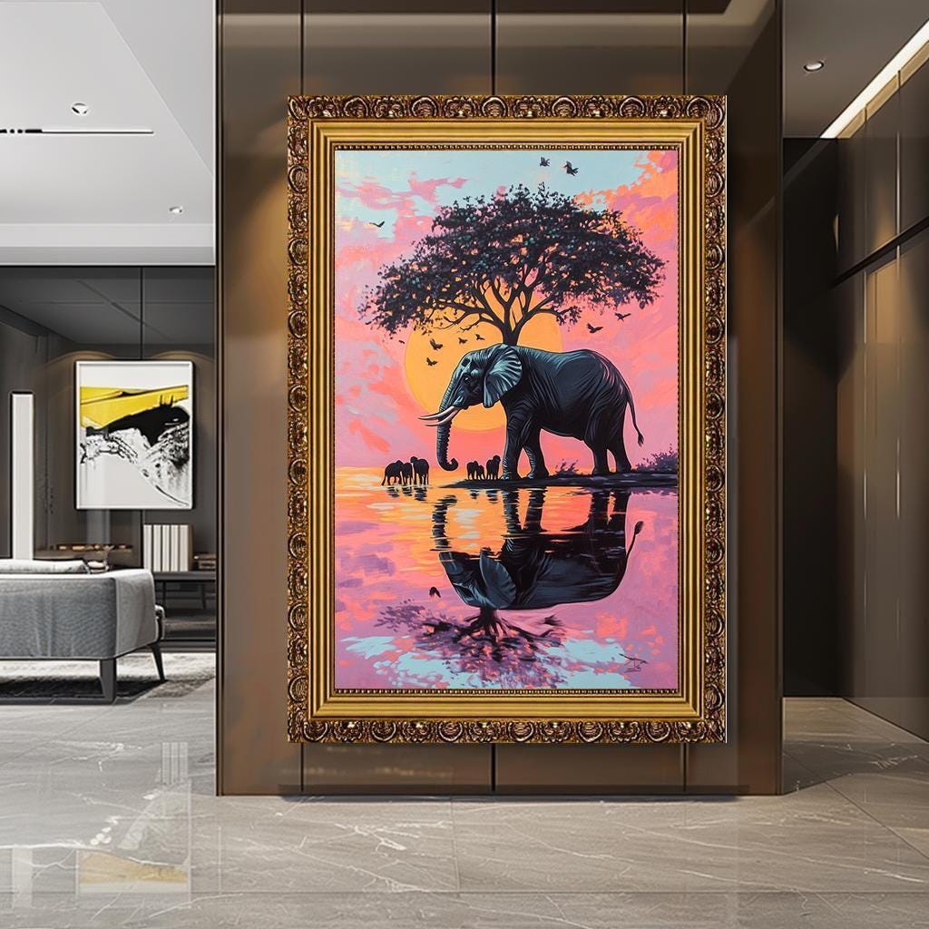 African Elephant Sunset Canvas Art | Colorful Safari Landscape Wall ...