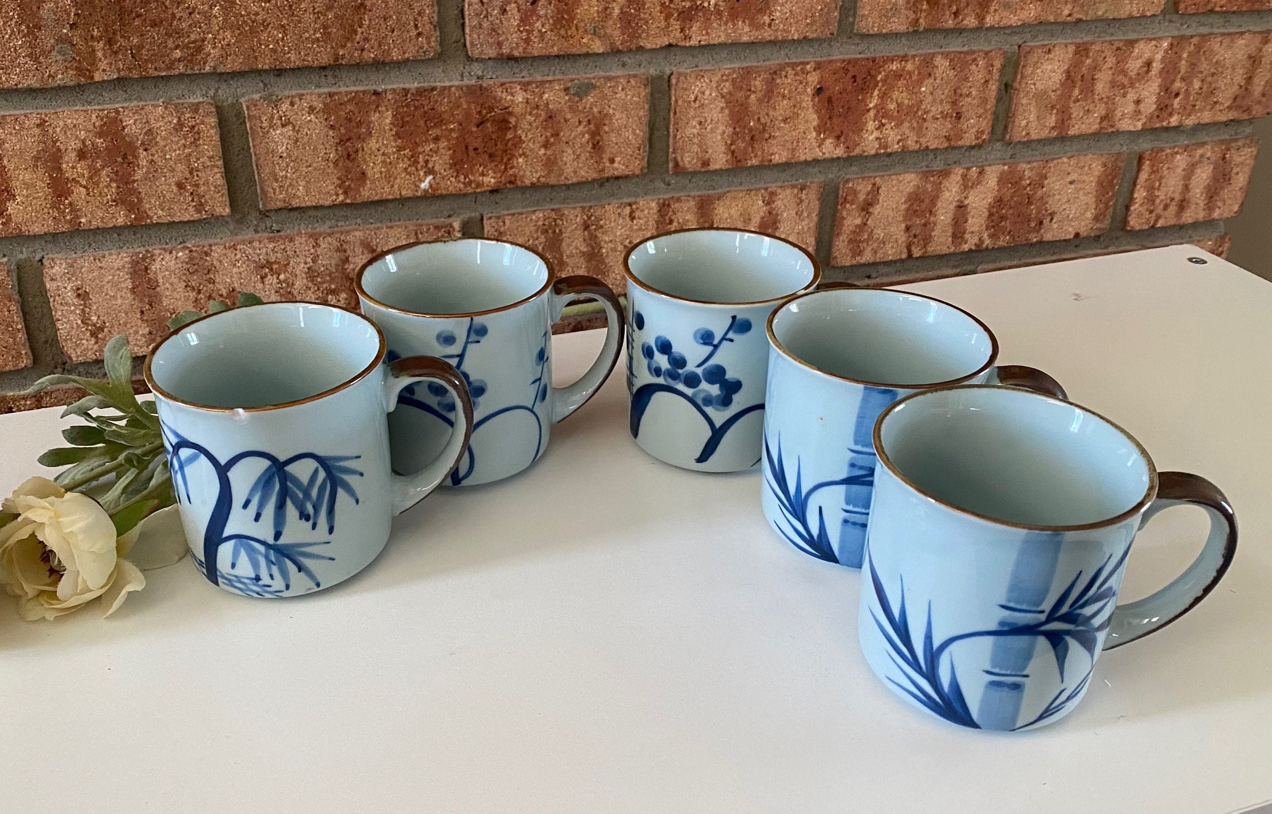 Vintage Japanese Ceramic Mugs Set: Light Blue Cobalt Floral Tea Cups - Etsy