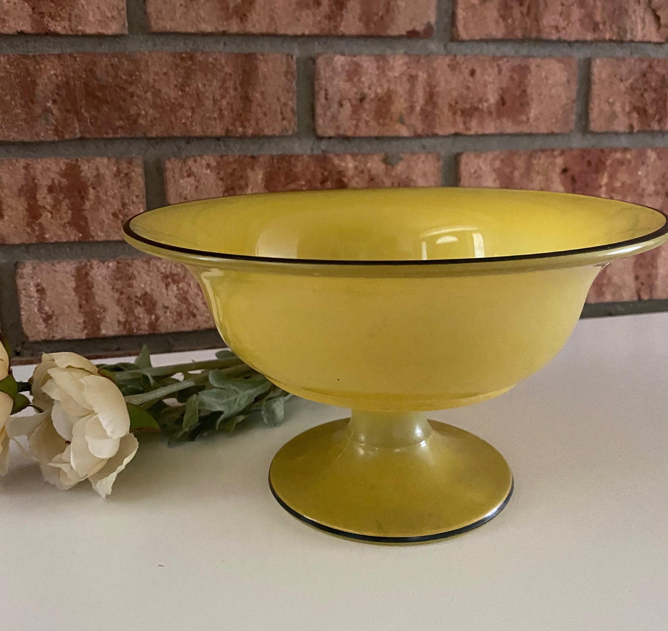 Yellow and Black Lancaster Glass "black Rim" Footed Bowl / Compote ...
