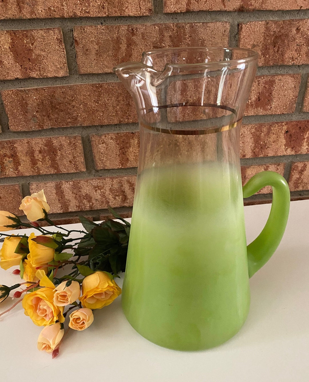 Green Frosted Blendo Pitcher With Gold Band - Etsy