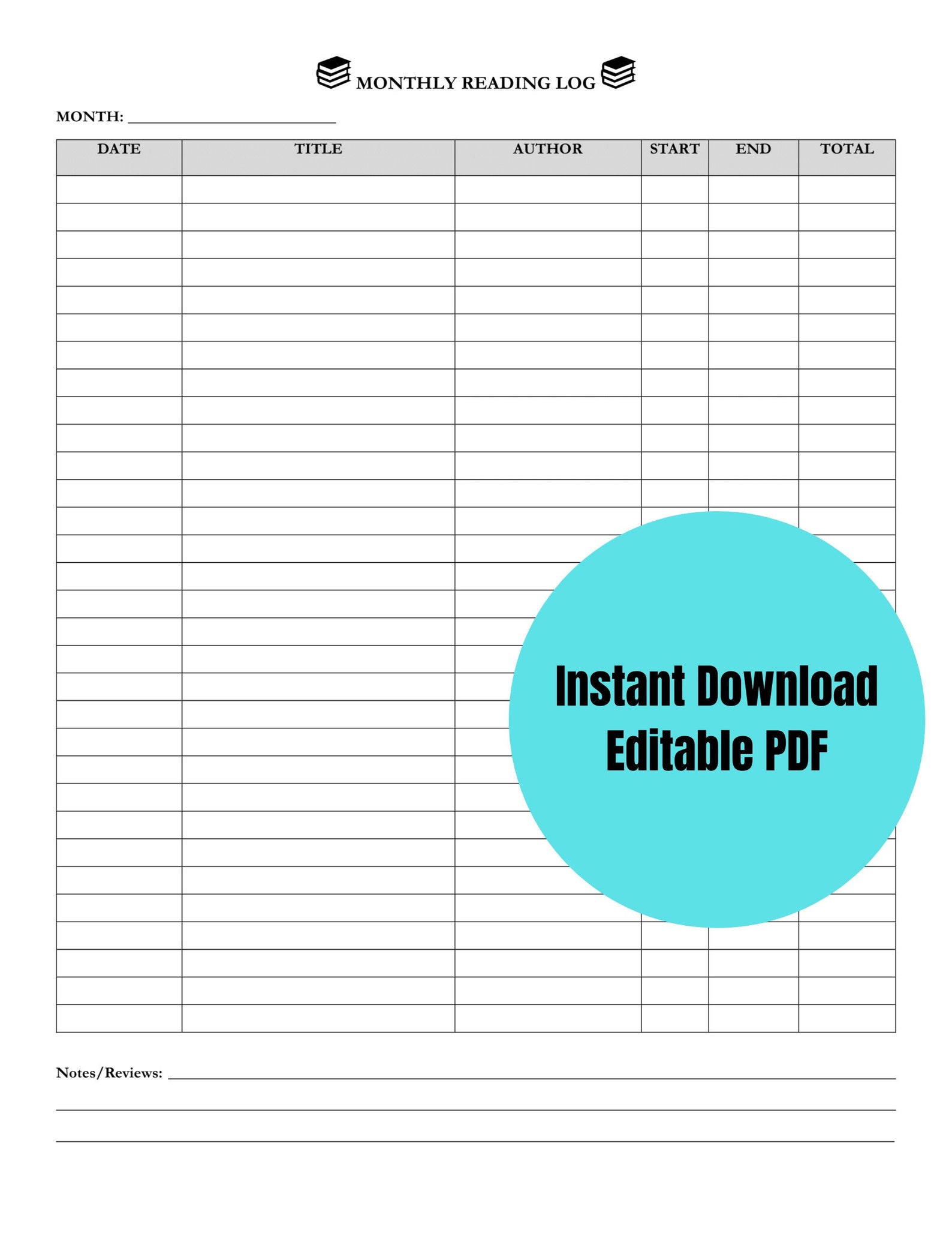 Monthly Reading Log, Printable and Editable - Etsy