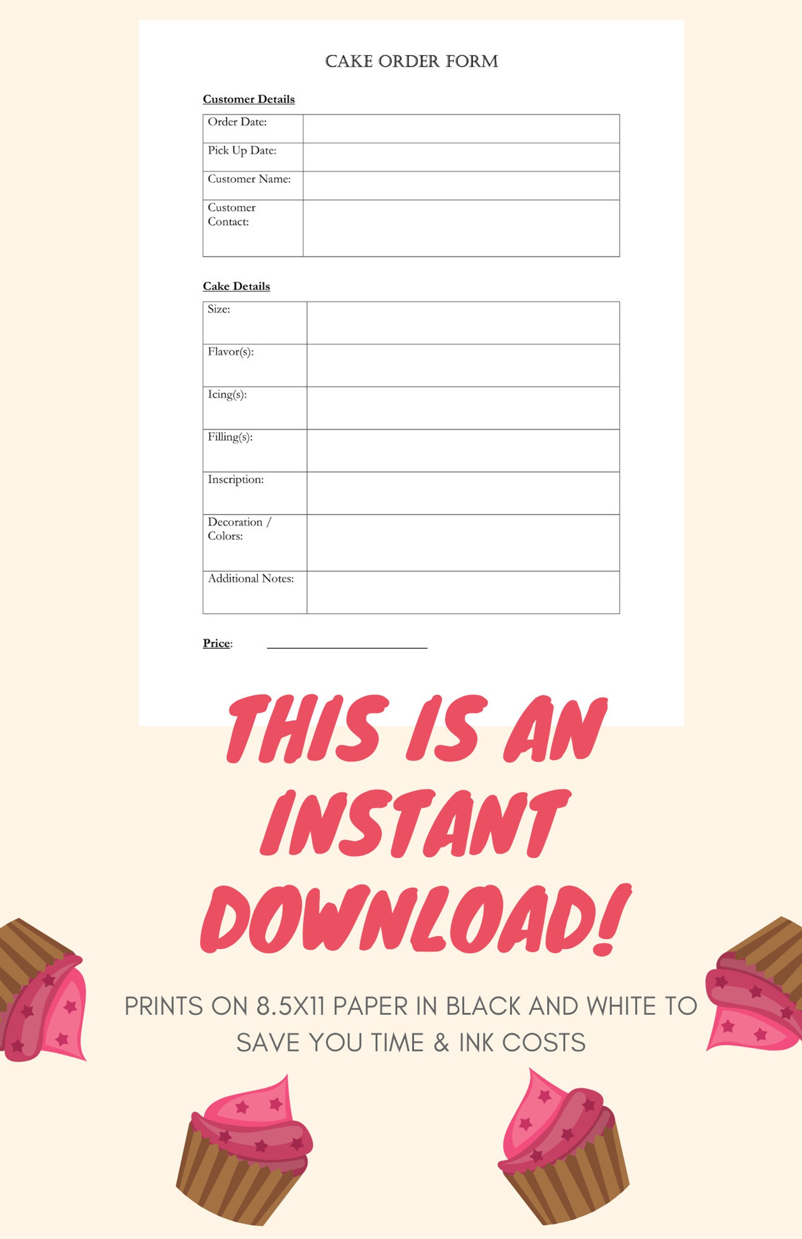 Simple Cake Order Form - Instant Printable - Etsy