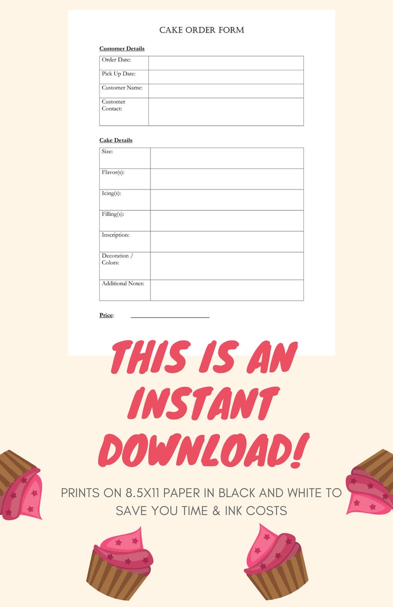 Simple Cake Order Form - Instant Printable - Etsy