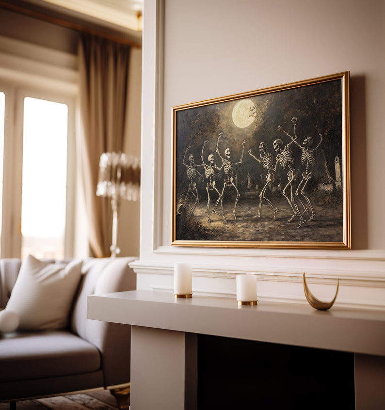 Dancing Skeletons Vintage Halloween Art Painting – Spooky Cemetery ...